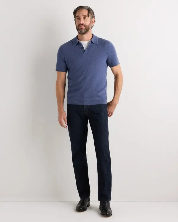 Quince Cashmere Short Sleeve Polo Sweater - Heather Storm Blue