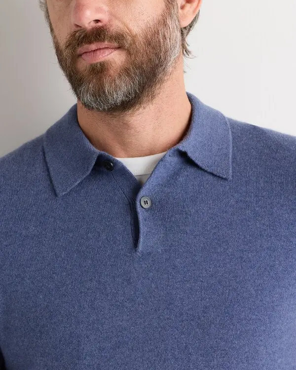 Quince Cashmere Short Sleeve Polo Sweater - Heather Storm Blue