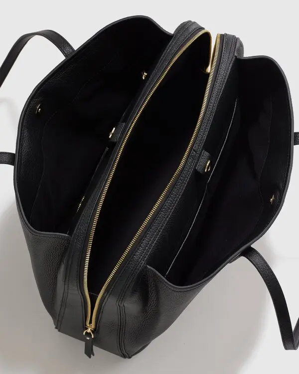 Quince Italian Leather Triple Compartment Work Tote - Black