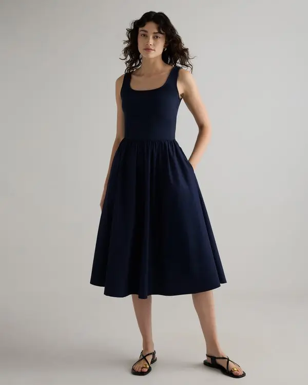 Quince Cotton Mixed Media Fit And Flare Dress - Navy