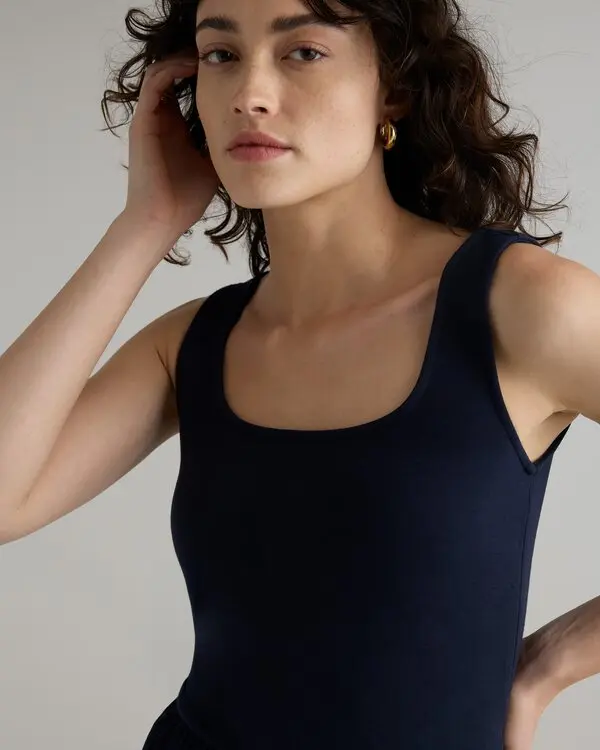 Quince Cotton Mixed Media Fit And Flare Dress - Navy