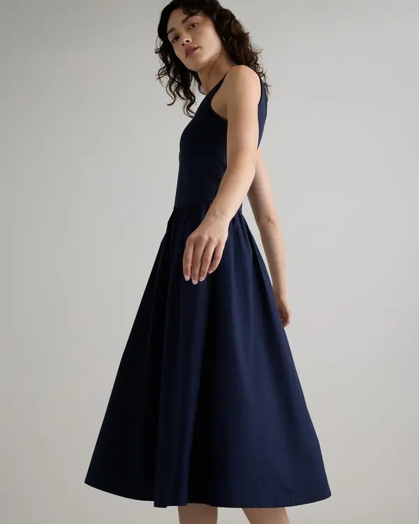 Quince Cotton Mixed Media Fit And Flare Dress - Navy