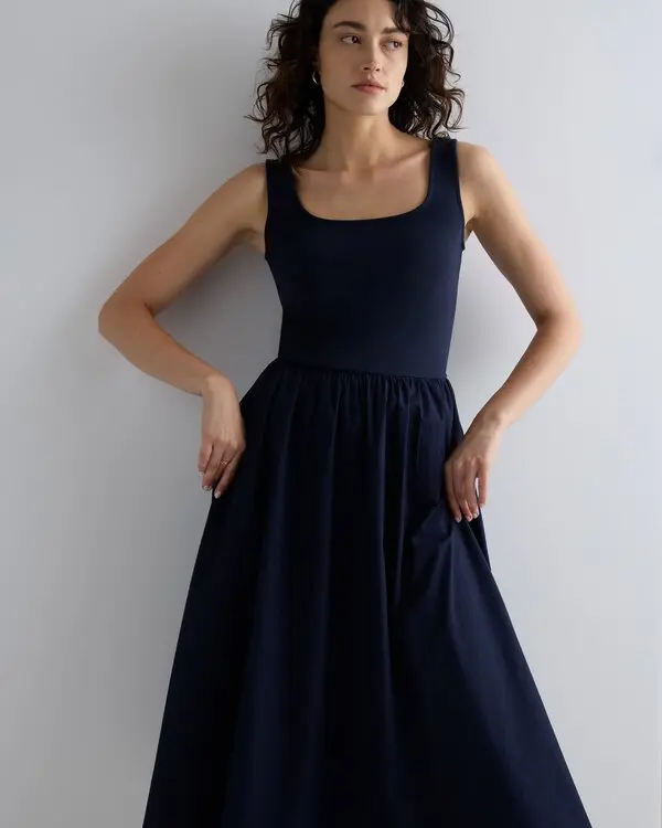 Quince Cotton Mixed Media Fit And Flare Dress - Navy