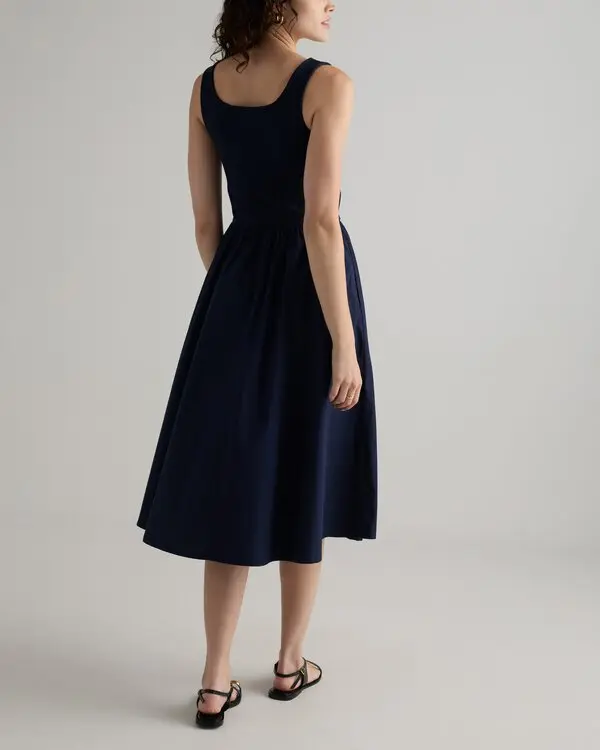 Quince Cotton Mixed Media Fit And Flare Dress - Navy