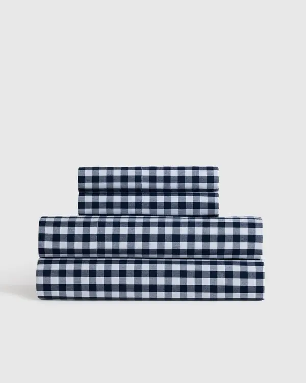Quince Organic Crisp Percale Gingham Sheet Set - Navy