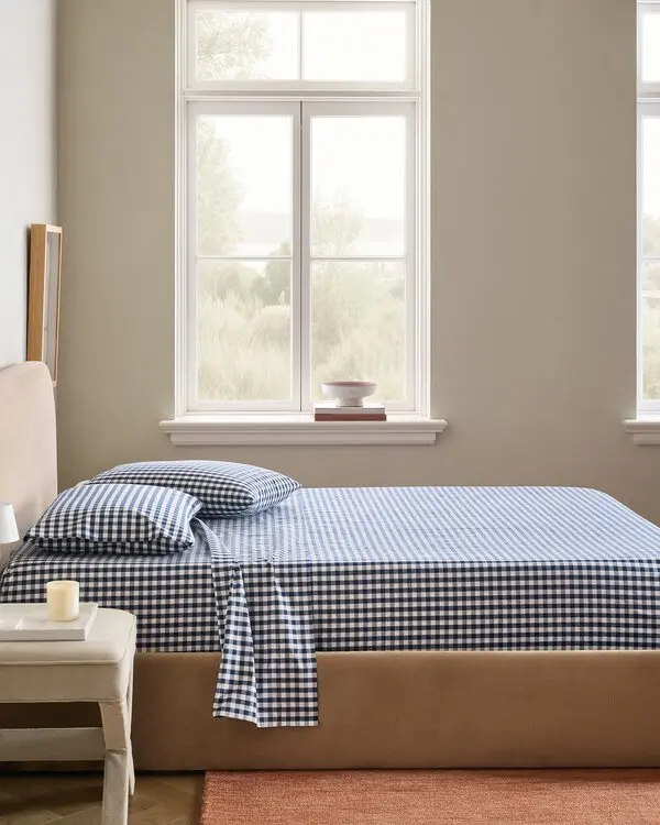 Quince Organic Crisp Percale Gingham Sheet Set - Navy