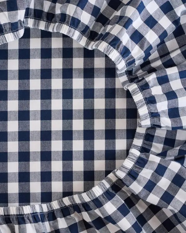 Quince Organic Crisp Percale Gingham Sheet Set - Navy