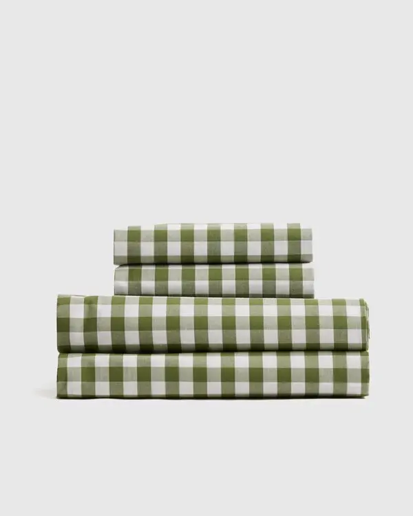 Quince Organic Crisp Percale Gingham Sheet Set - Olive