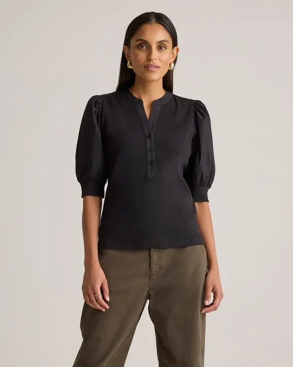 Quince Cotton Mixed Media Puff Sleeve Top - Black