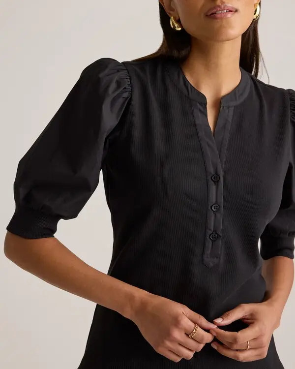Quince Cotton Mixed Media Puff Sleeve Top - Black