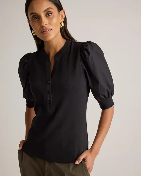 Quince Cotton Mixed Media Puff Sleeve Top - Black