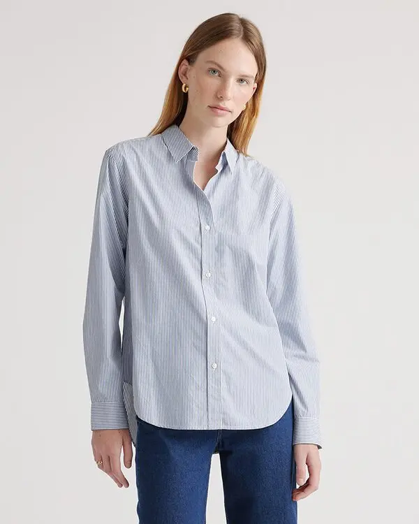 Quince Organic Cotton Poplin Long Sleeve Shirt - Light Blue Stripe
