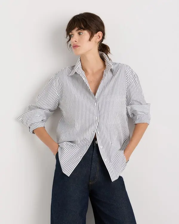 Quince Organic Cotton Poplin Boyfriend Shirt - Steel Grey Soho Stripe
