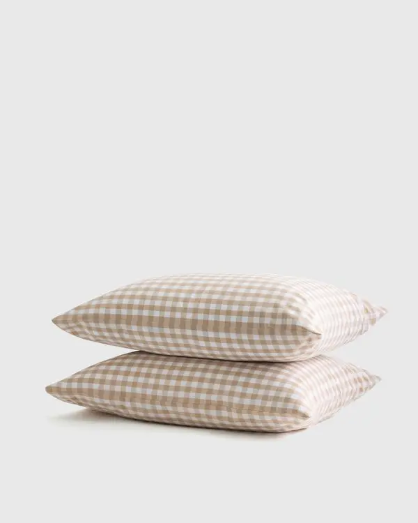 Quince Classic Organic Percale Gingham Pillowcase Set - Cafe