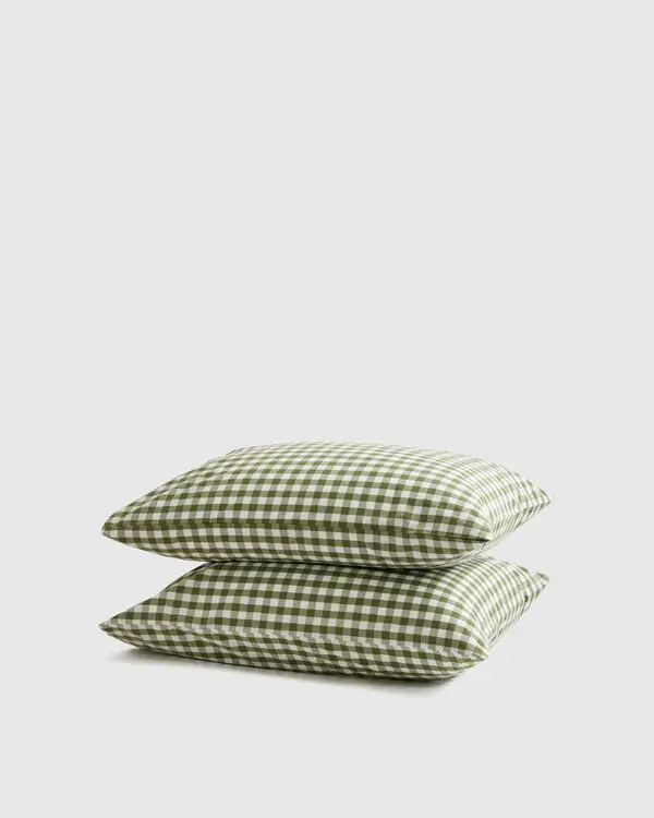 Quince Classic Organic Percale Gingham Pillowcase Set - Olive
