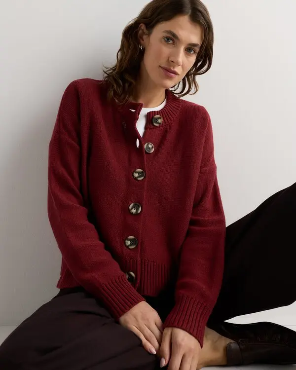 Quince Cropped Organic Cotton Cardigan Sweater - Deep Brick Red