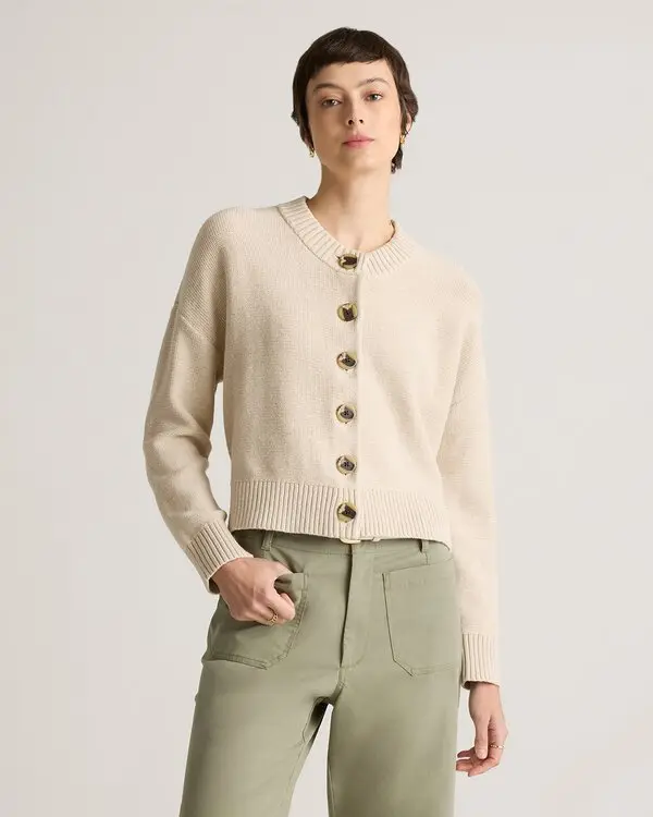Quince Cropped Button Front Cardigan Sweater - Speckled Beige