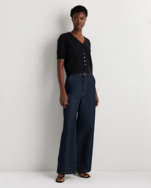 Quince Cashmere Short Sleeve Cardigan Sweater - Black