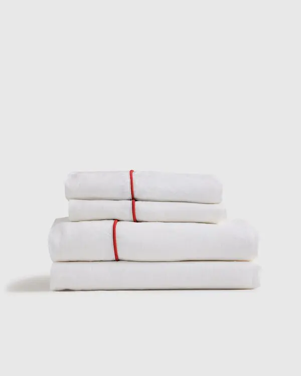 Quince European Linen Piped Sheet Set - White/cherry