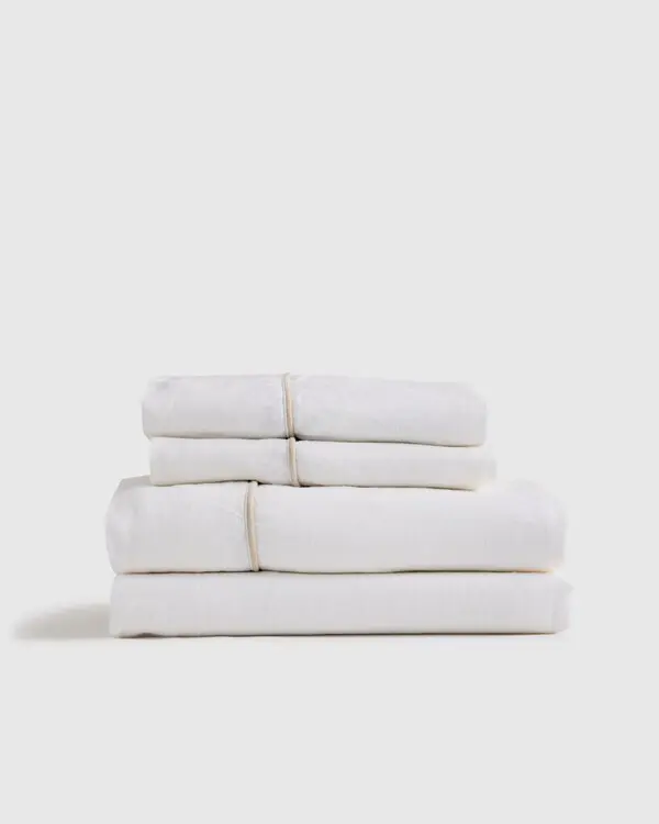 Quince European Linen Piped Sheet Set - White/toffee