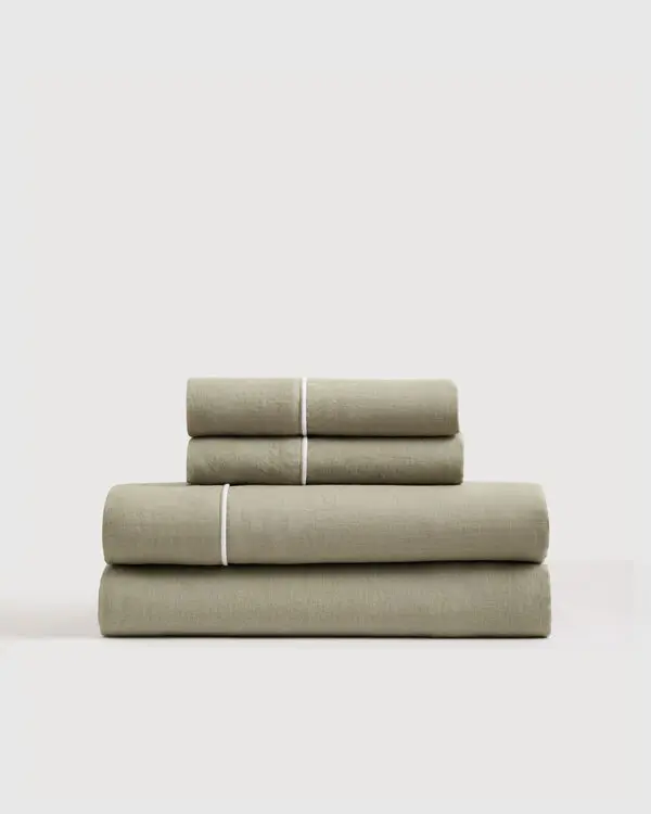 Quince European Linen Piped Sheet Set - Willowleaf/white