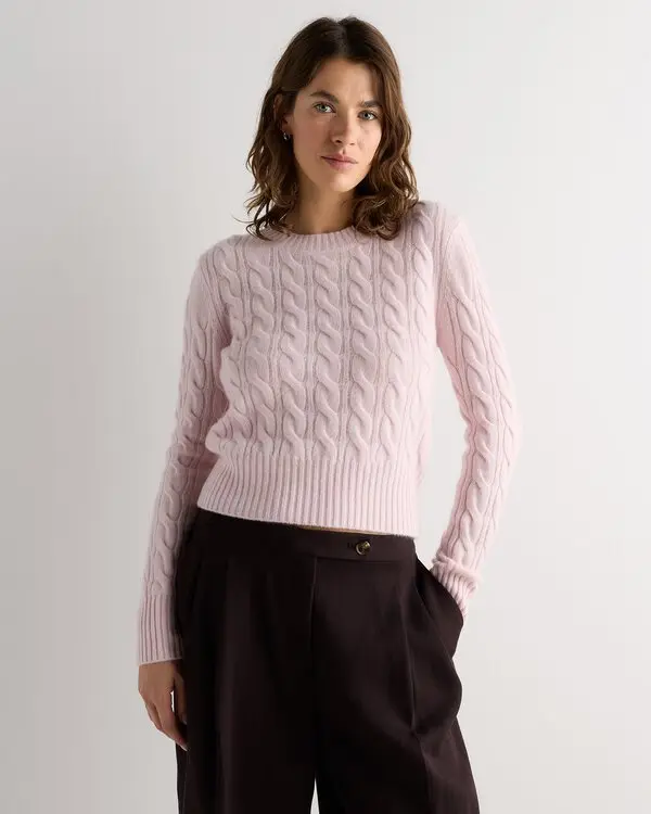 Quince Shrunken Cable Crewneck Sweater - Fondant Pink