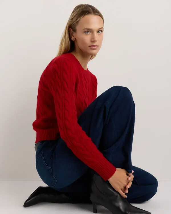 Quince Cashmere Shrunken Cable Crewneck Sweater - Varsity Red