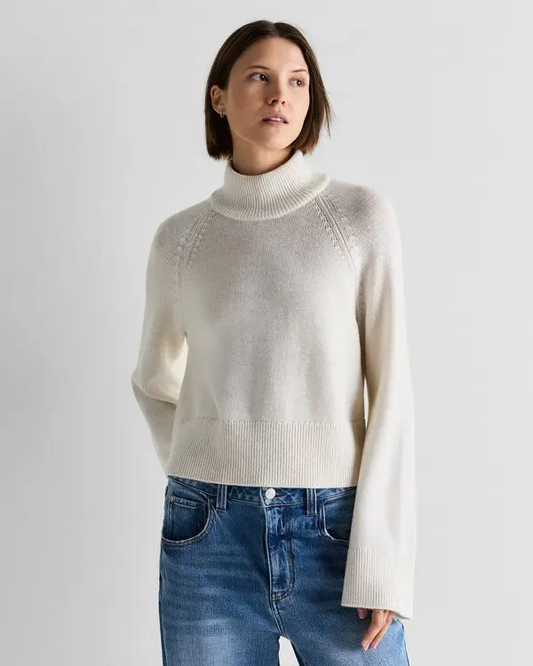 Quince Australian Merino Wool Cropped Mock Neck Sweater - Heather Bone