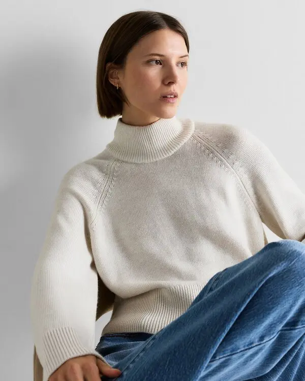 Quince Australian Merino Wool Cropped Mock Neck Sweater - Heather Bone