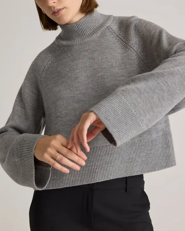 Quince Australian Merino Wool Cropped Mock Neck Sweater - Heather Grey