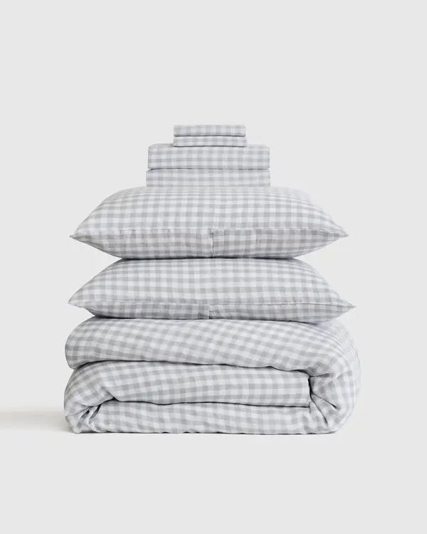 Quince European Linen Gingham Deluxe Bedding Bundle - Blue Fog