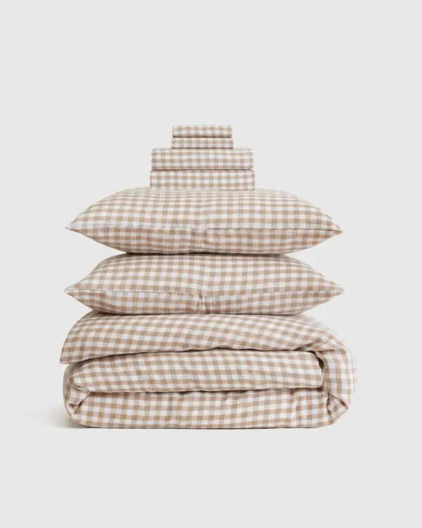 Quince European Linen Gingham Deluxe Bedding Bundle - Cafe