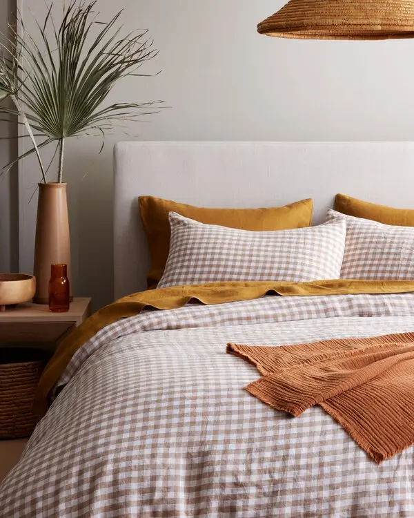 Quince European Linen Gingham Deluxe Bedding Bundle - Cafe