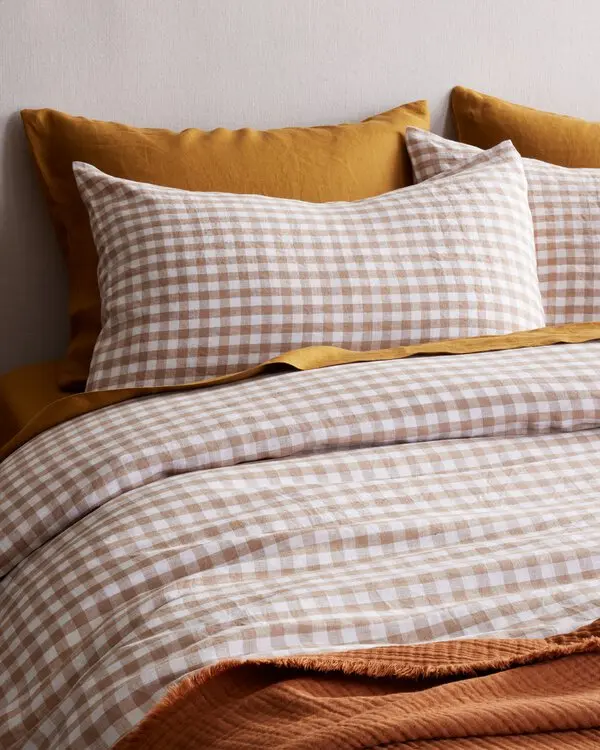 Quince European Linen Gingham Deluxe Bedding Bundle - Cafe