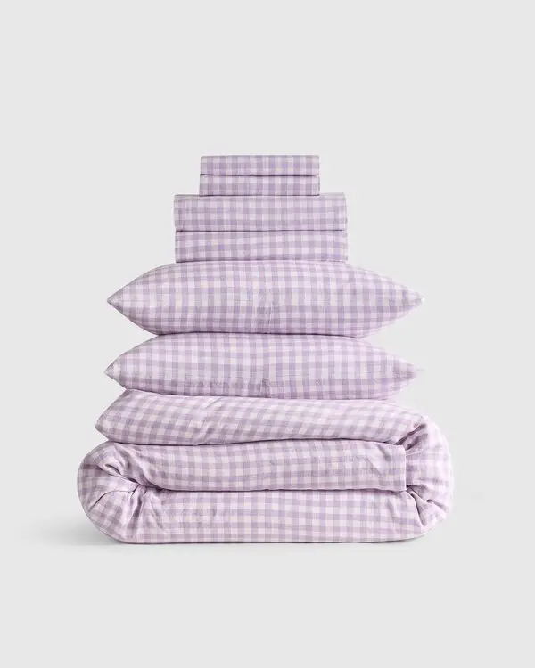Quince European Linen Gingham Deluxe Bedding Bundle - Lavender