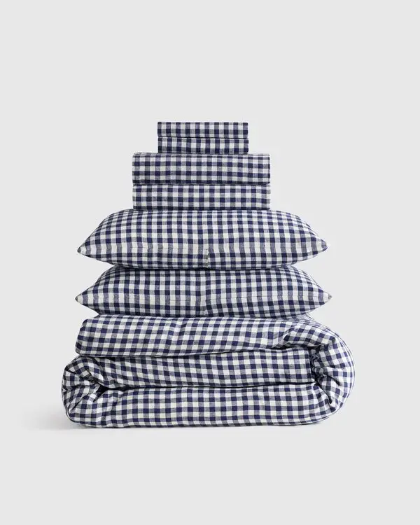 Quince European Linen Gingham Deluxe Bedding Bundle - Navy