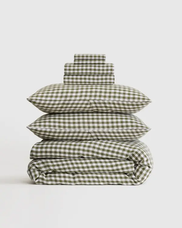 Quince European Linen Gingham Deluxe Bedding Bundle - Olive