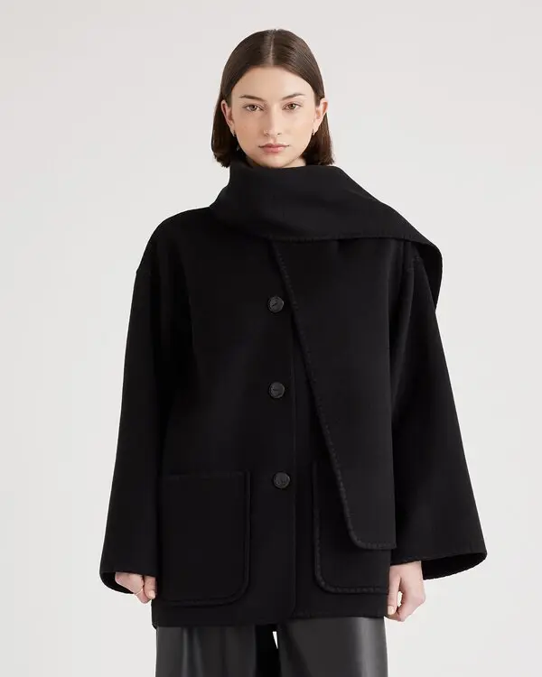 Quince Double-faced Merino Wool Scarf Coat - Black