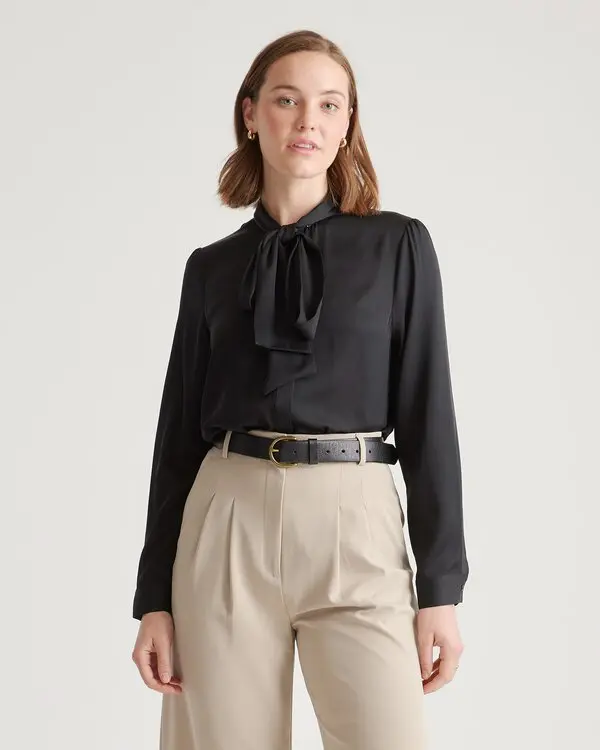 Quince Washable Stretch Silk Tie Neck Blouse - Black
