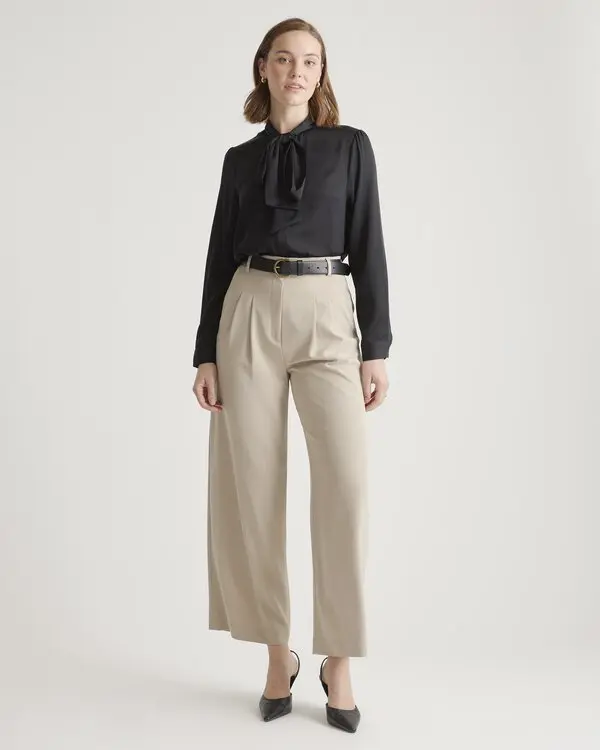 Quince Washable Stretch Silk Tie Neck Blouse - Black
