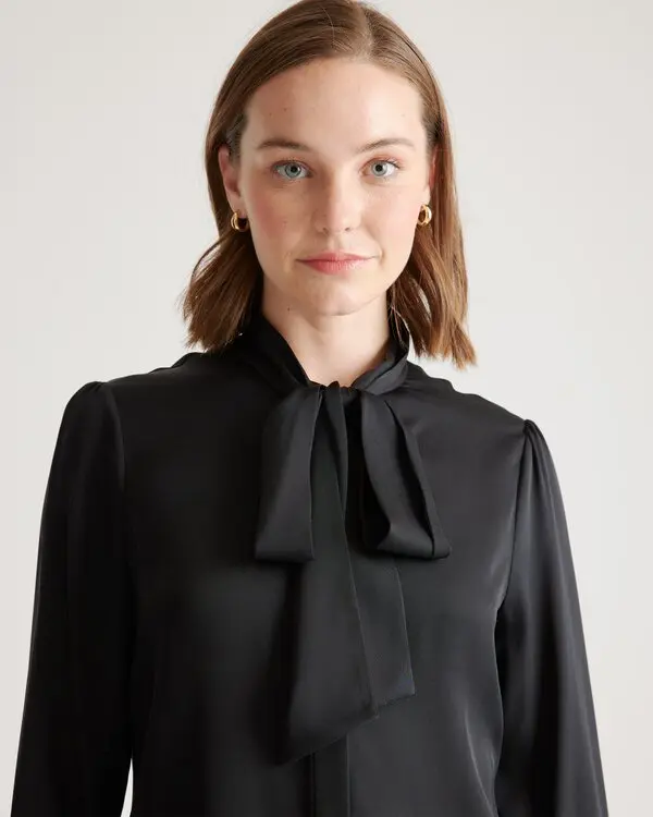 Quince Washable Stretch Silk Tie Neck Blouse - Black