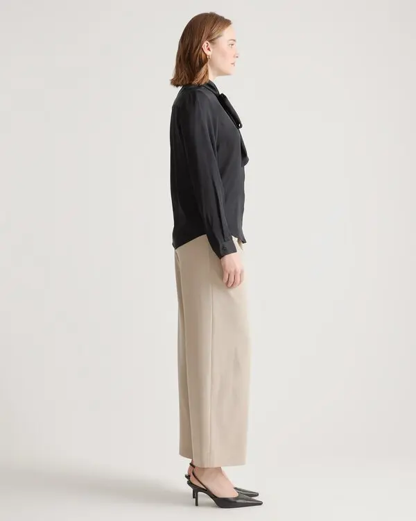 Quince Washable Stretch Silk Tie Neck Blouse - Black