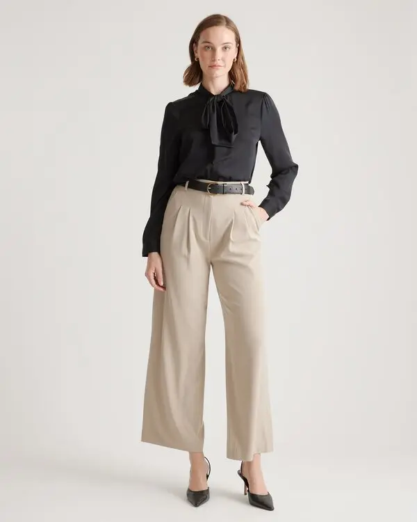 Quince Washable Stretch Silk Tie Neck Blouse - Black