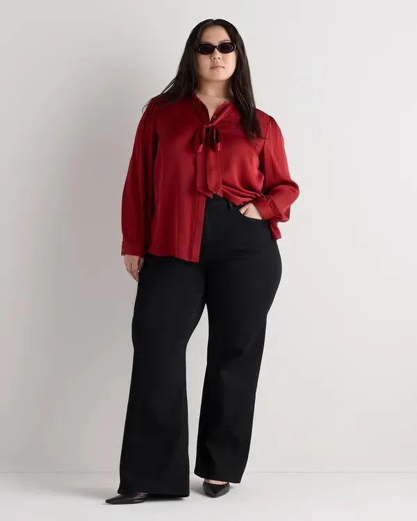 Quince Washable Stretch Silk Tie Neck Blouse - Clay Red