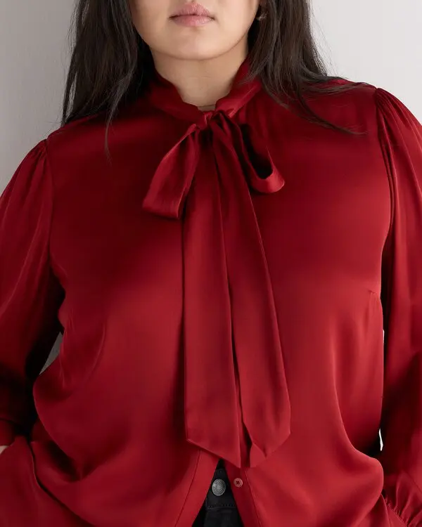 Quince Washable Stretch Silk Tie Neck Blouse - Clay Red