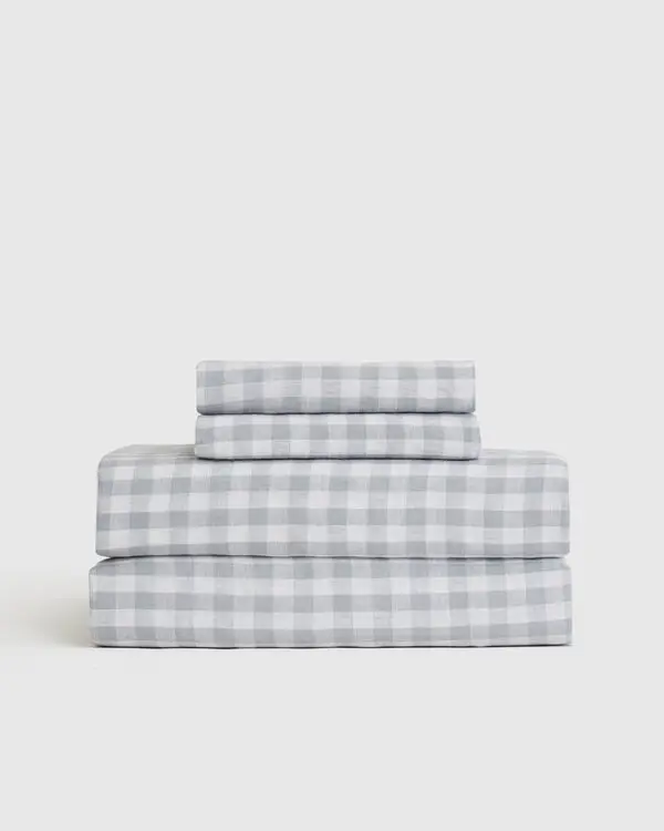Quince European Linen Gingham Sheet Set - Blue Fog