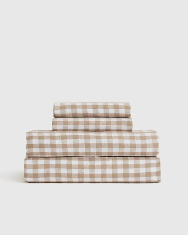 Quince European Linen Gingham Sheet Set - Cafe