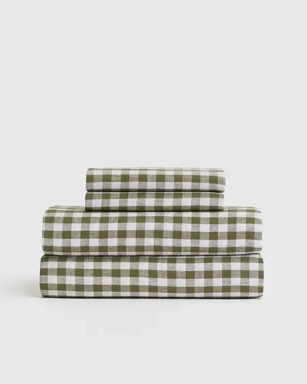 Quince European Linen Gingham Sheet Set - Olive