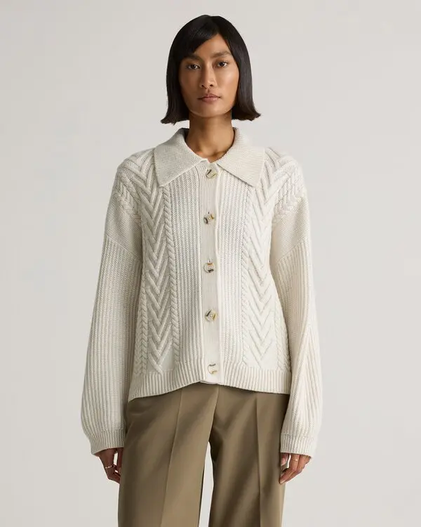 Quince Australian Merino Wool Collared Cable Cardigan - Heather Bone
