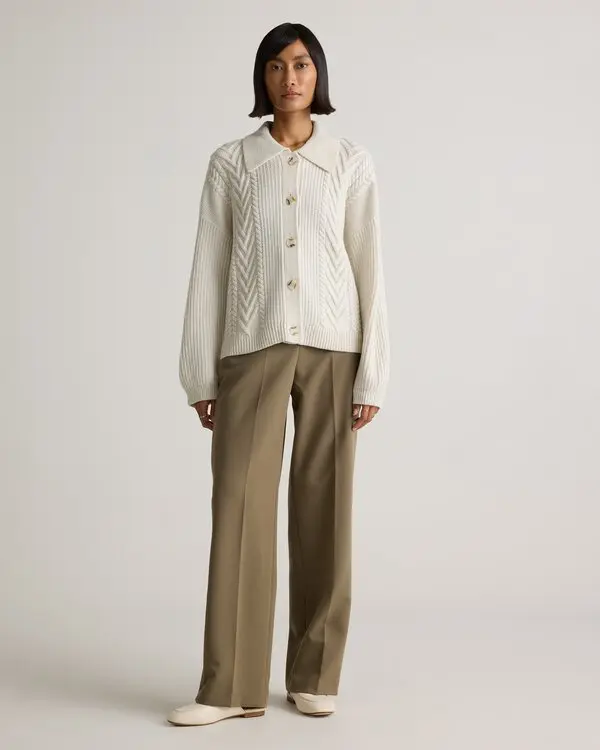 Quince Australian Merino Wool Collared Cable Cardigan - Heather Bone